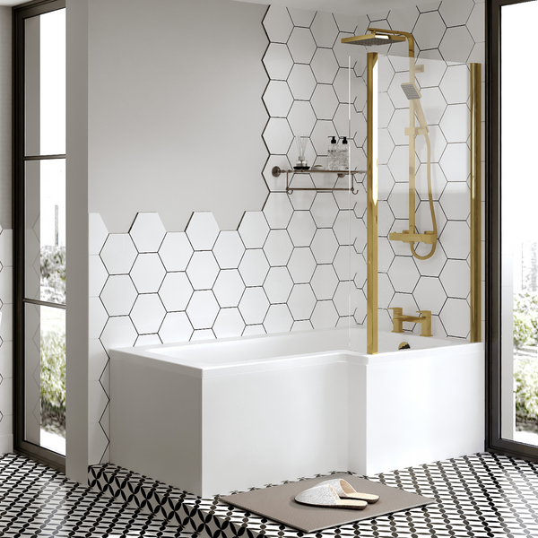 L-Shaped 1600 x 850/700 Shower Bath C/W Brushed Brass Bath Screen ...