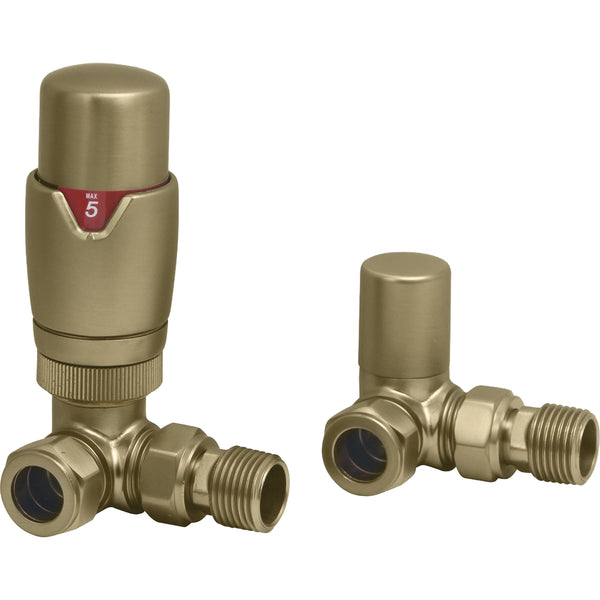 Brushed Brass Thermostatic Radiator Round Valves with 130mm Pipe ...