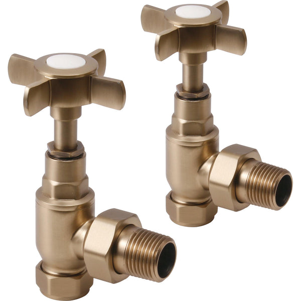 Brushed Brass Manual Radiator Round Valves with 130mm Pipe Sleeves ...