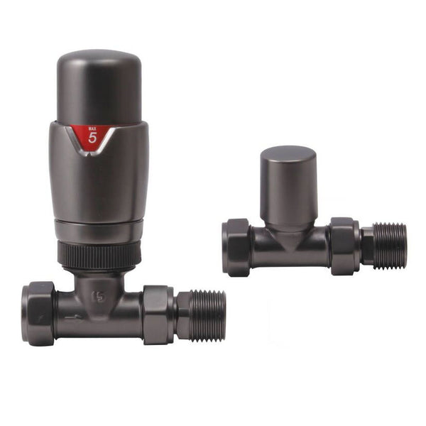 Brushed Gunmetal Thermostatic Radiator Round Valves with 130mm Pipe ...