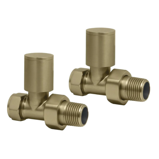 Brushed Brass Manual Radiator Round Valves with 130mm Pipe Sleeves ...