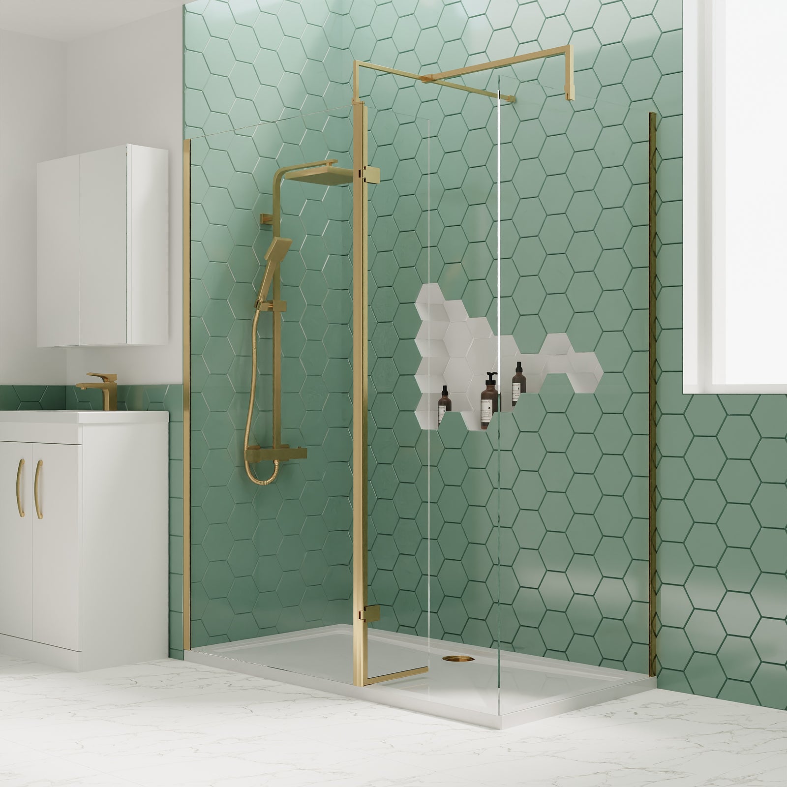 1600 x 700mm Stone Shower Tray & 8mm Screen Pack - Brushed Brass ...
