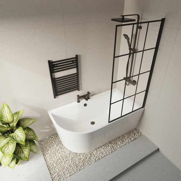 Selsley 1500 Curved Freestanding Super Deep Shower Bath with Black Grid ...