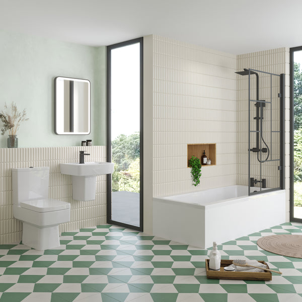 Shower Straight 1700 x 750 Bath with Black 8mm Abstract Bath Screen ...