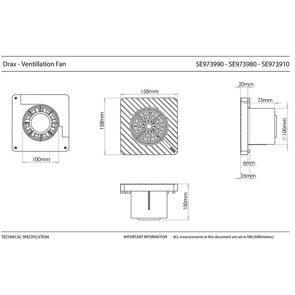 Drax Extractor Fan with Run Timer & Humidistat - 158 x 158 - White ...