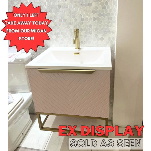 Chevron 600 Pink LED Wall Cabinet with White Basin & Brushed Brass ...