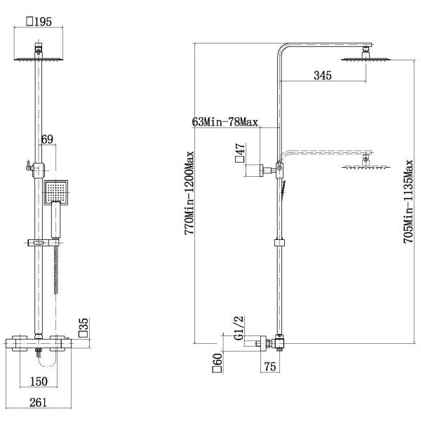 MATRIX SQUARE Exposed Rigid Riser Thermostatic Shower Set - Black ...