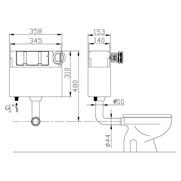 Vortex Concealed Dual Flush Cistern with Pneumatic Jacket - Black Push ...