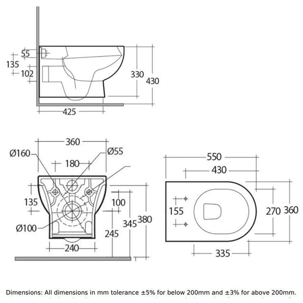 RAK Tonique Rimless Wall Hung Toilet Hidden Fixation 550mm Projection ...
